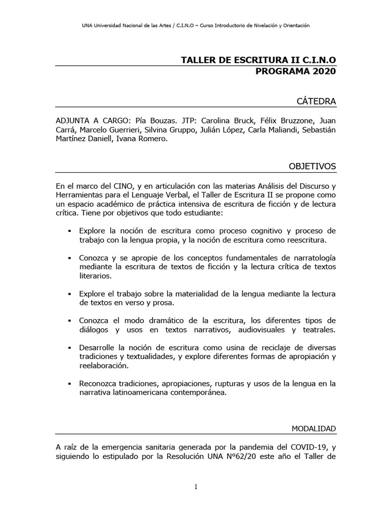 Programa 2020 Taller de Escritura II CINO UNA | PDF | Chat en linea | Escritura