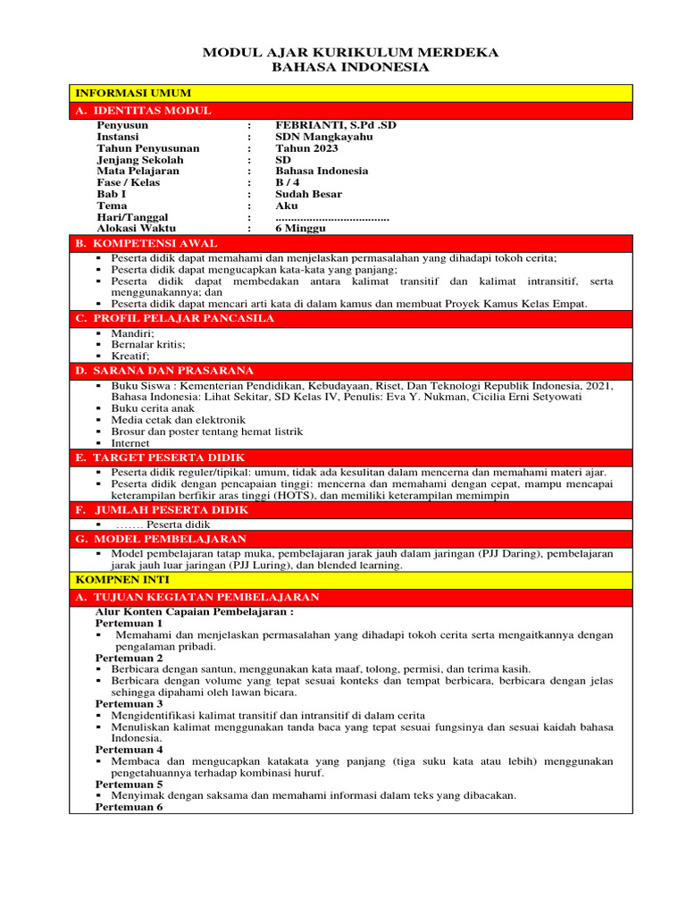 Modul Ajar Bhs Indonesia Kls IV SMSTR 1 | PDF | Karier & Perkembangan