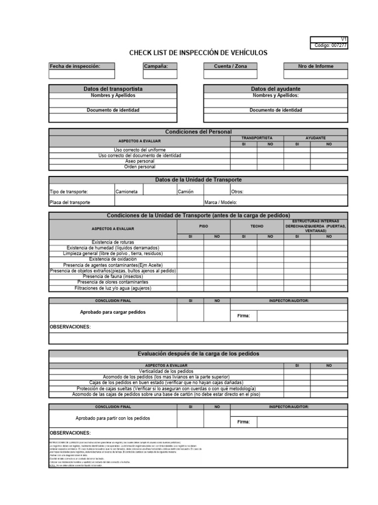 007277v1 - Checklist De Inspección De Vehículos | Pdf