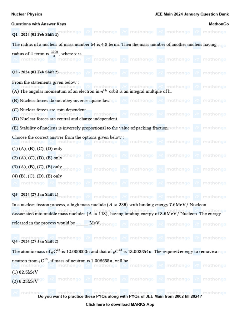 Nuclear Physics - JEE Main 2024 January Question Bank - MathonGo | PDF | Nuclear Force | Atomic ...