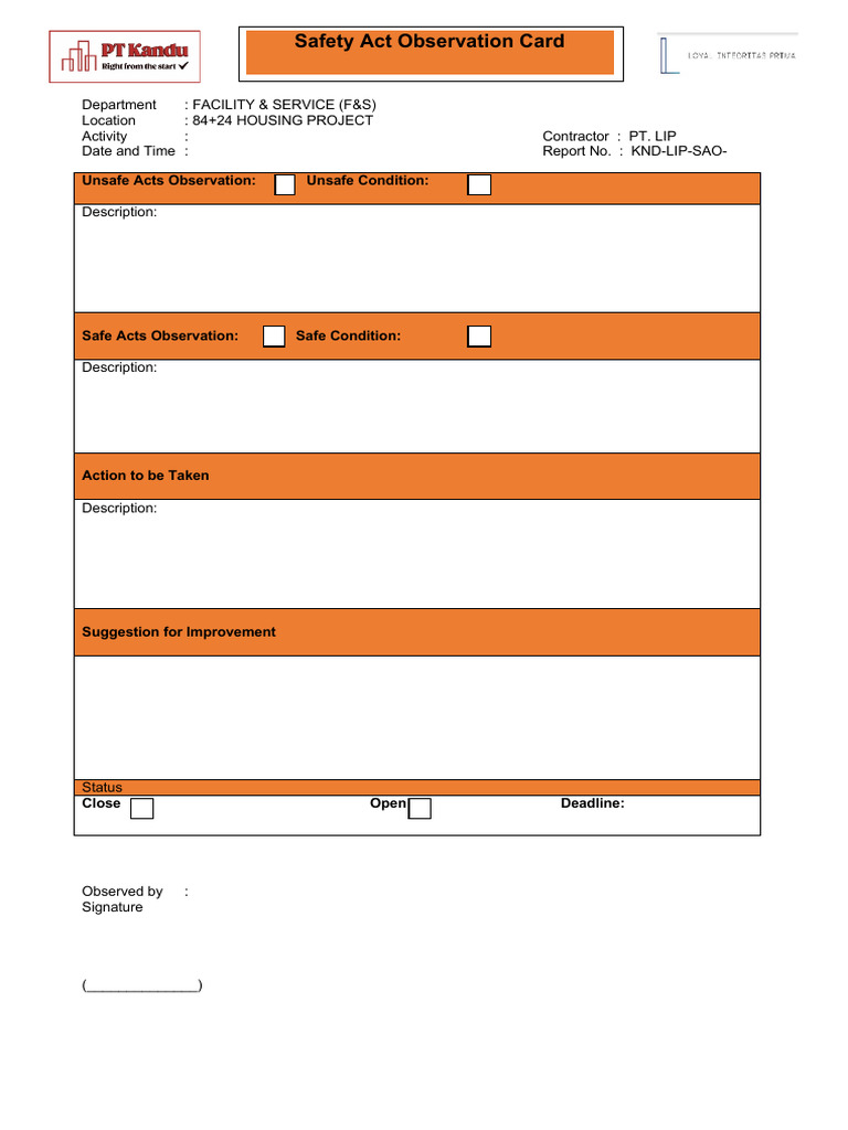 Safe Act Observation Template (SAO) | PDF
