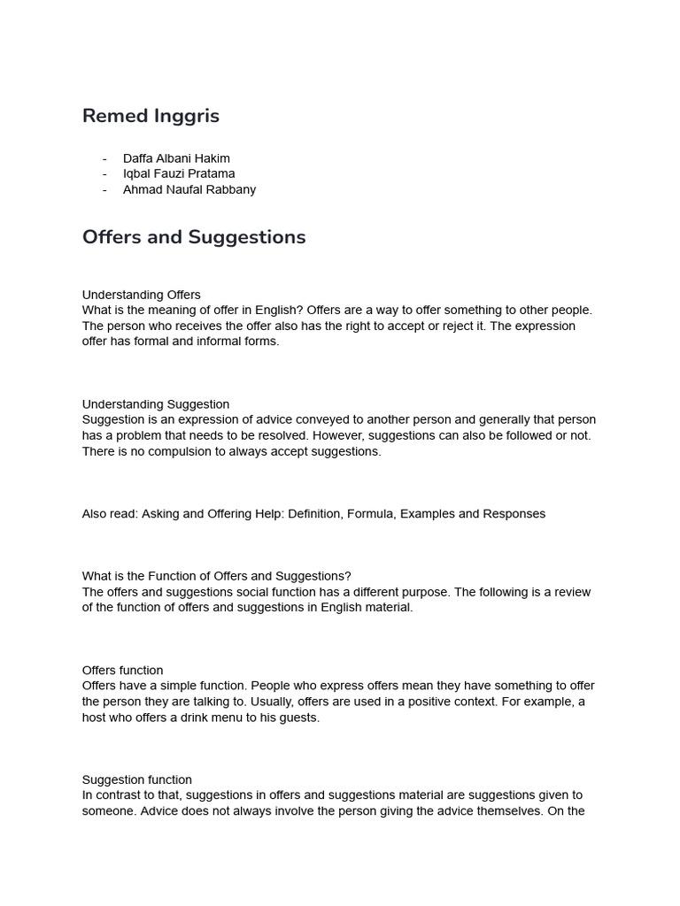 Understanding Offers and Suggestions | PDF
