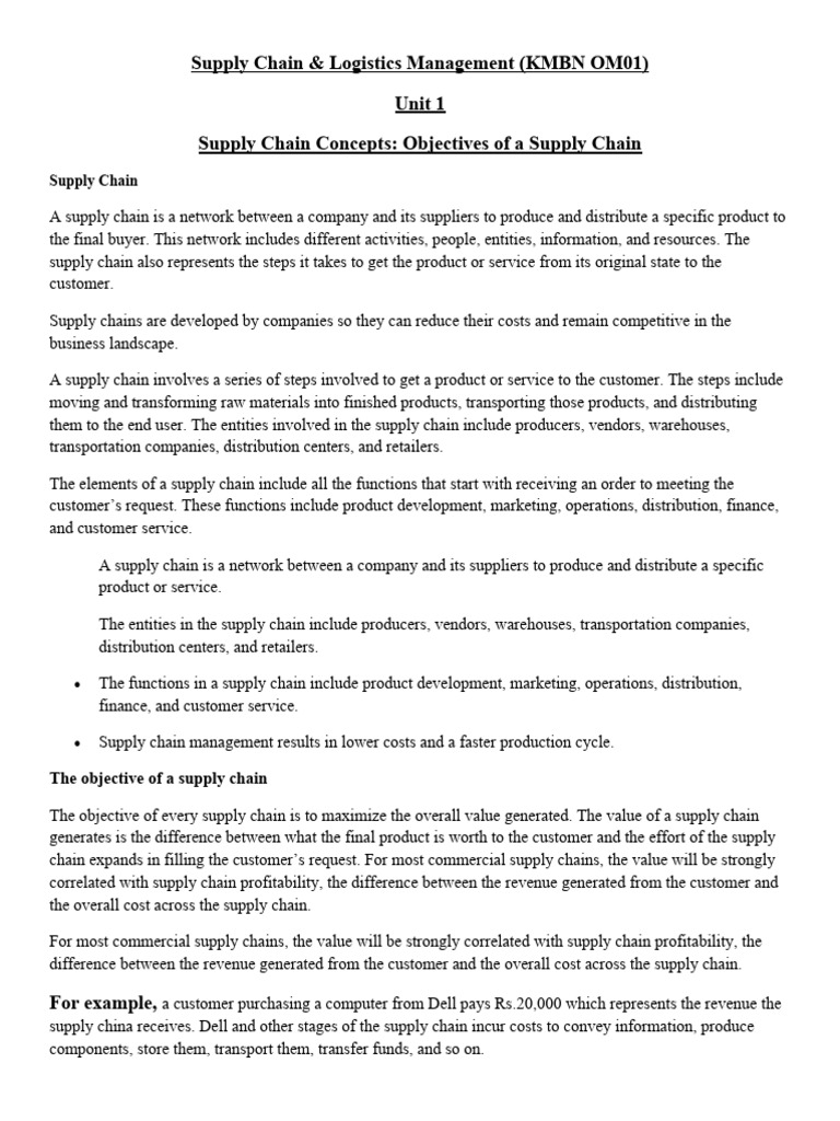 Unit 1 Supply Chain & Logistics Management KMBN OM01 | Download Free ...