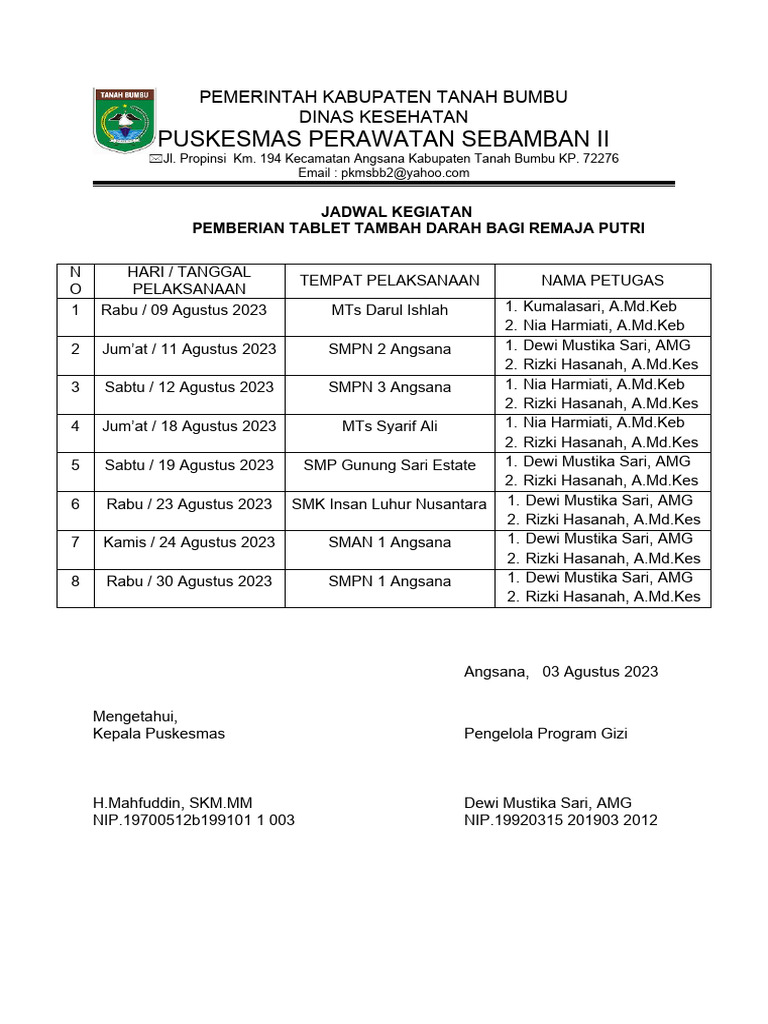 JADWAL KEGIATAN TTD Ags 2023 | PDF