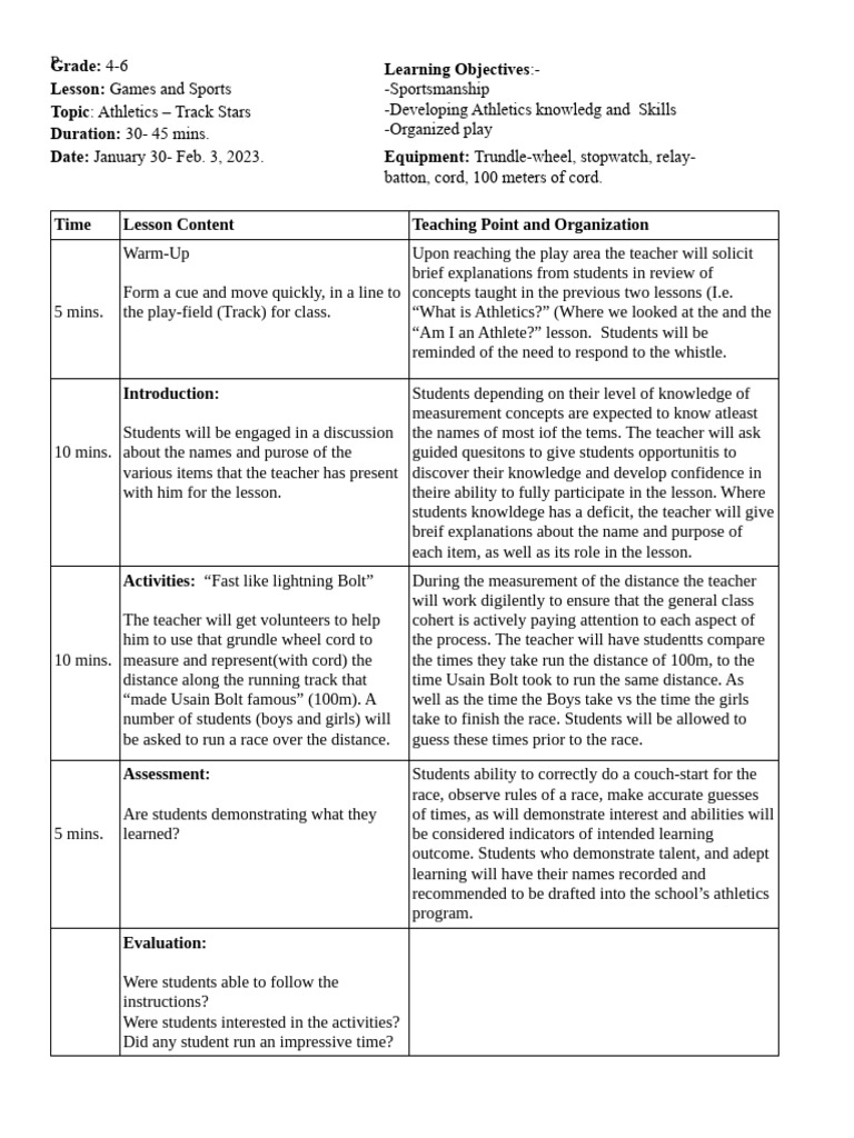 Physical Education Lesson Plans | PDF | Teachers | Psychological Concepts