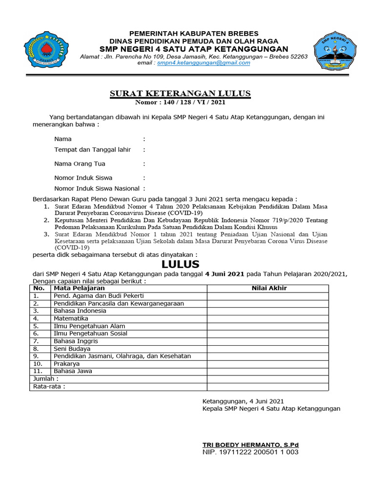 Contoh Surat Keterangan Lulus SMP T P 20 | PDF