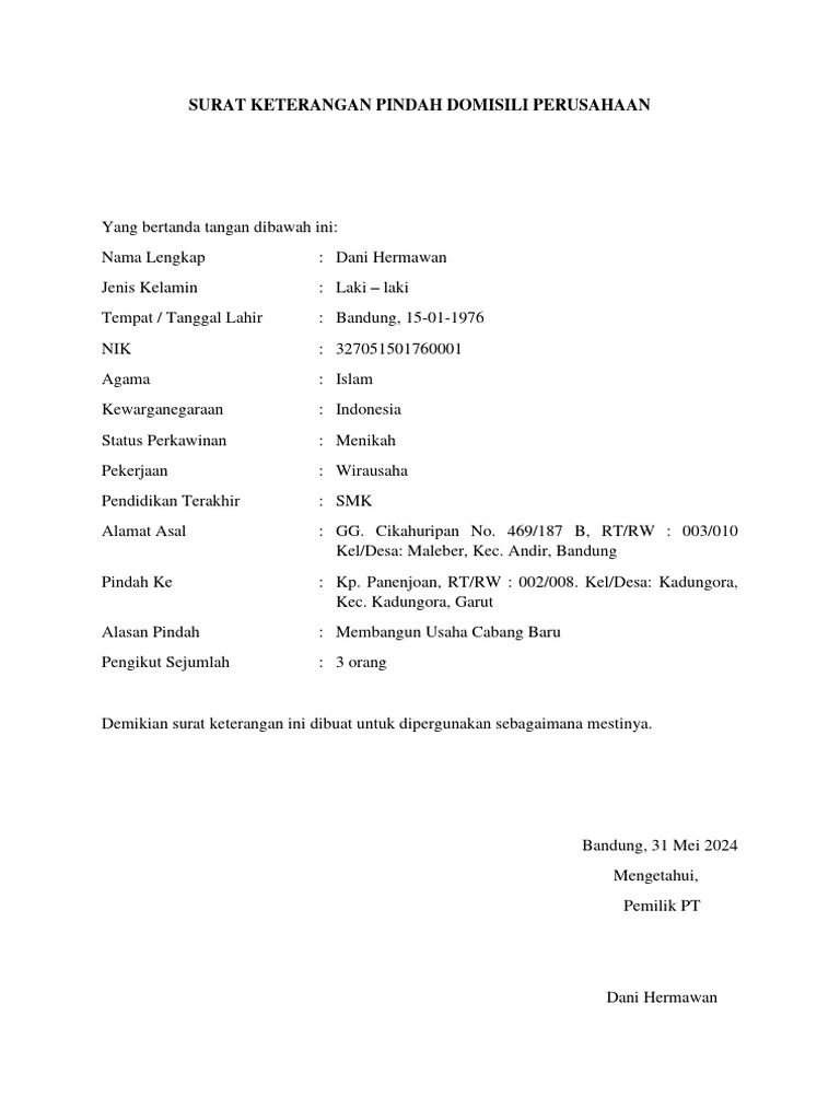 Surat Keterangan Pindah Domisili Dani Hermawan | PDF