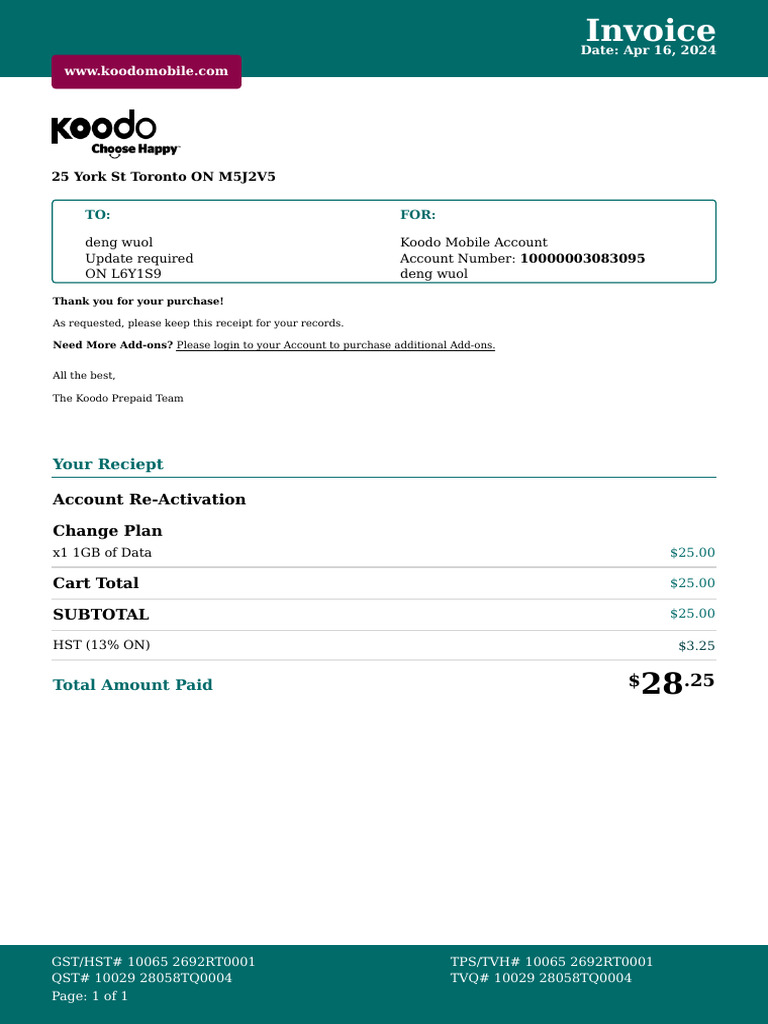 Apr 16, 2024 Koodo PaymentReceipt | PDF
