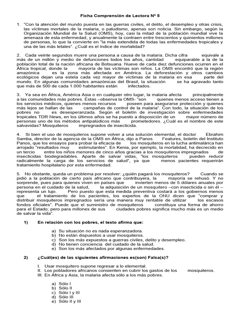 Comprensión de Lectura 5 Guerras Civiles | PDF | Malaria | Organización ...