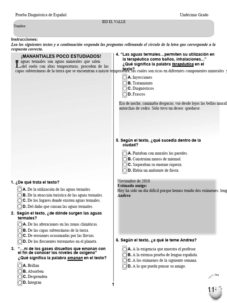 Prueba Diagnóstica 11º Español (2011) | PDF