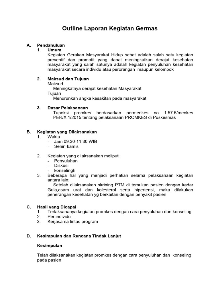 Outline Laporan Kegiatan Germas bulanan 2024 | PDF