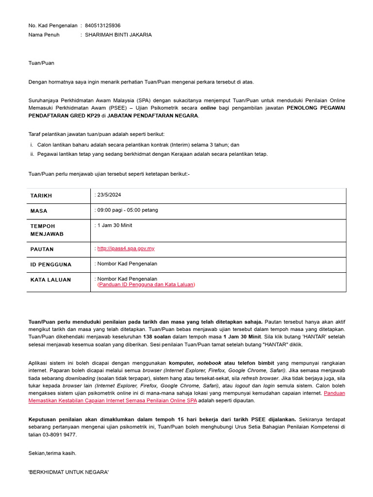 Semakan Jadual Ujian Psikometrik | PDF