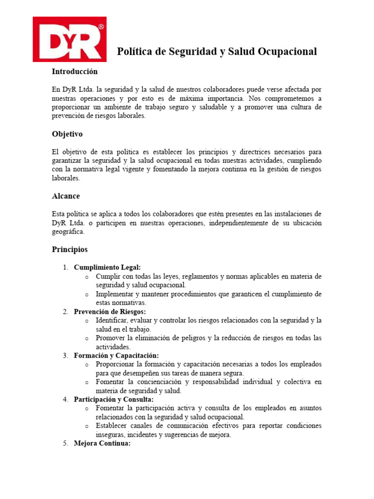 Política de Seguridad y Salud Ocupacional | Descargar gratis PDF | Seguridad y salud ocupacional ...