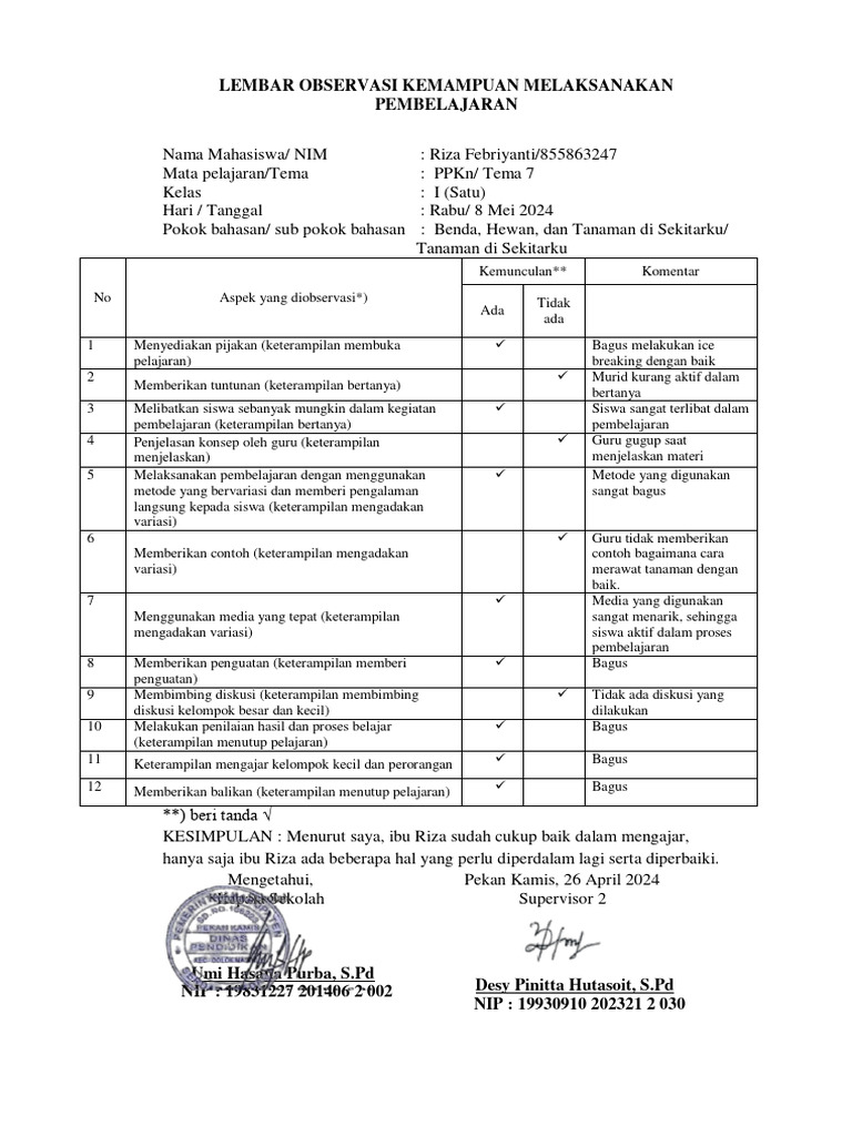 Lembar Observasi PKM 2 | PDF | Karier & Perkembangan