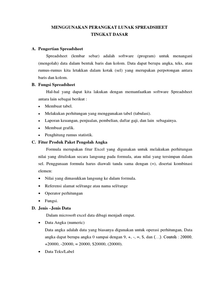 Menggunakan Perangkat Lunak Lembar Sebar (Spreadsheet) Tingkat Dasar | PDF