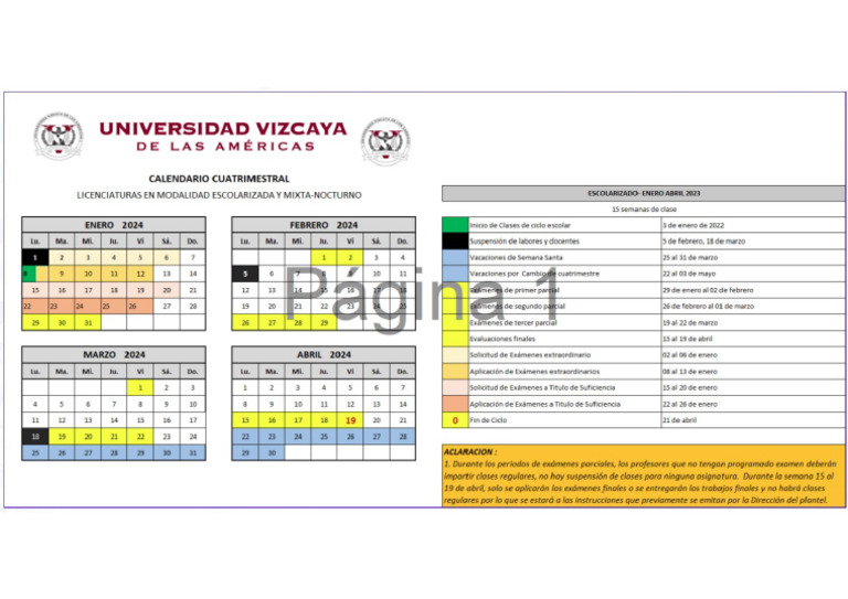 Calendario Escolarizado Enero Abril 2024 Pdf
