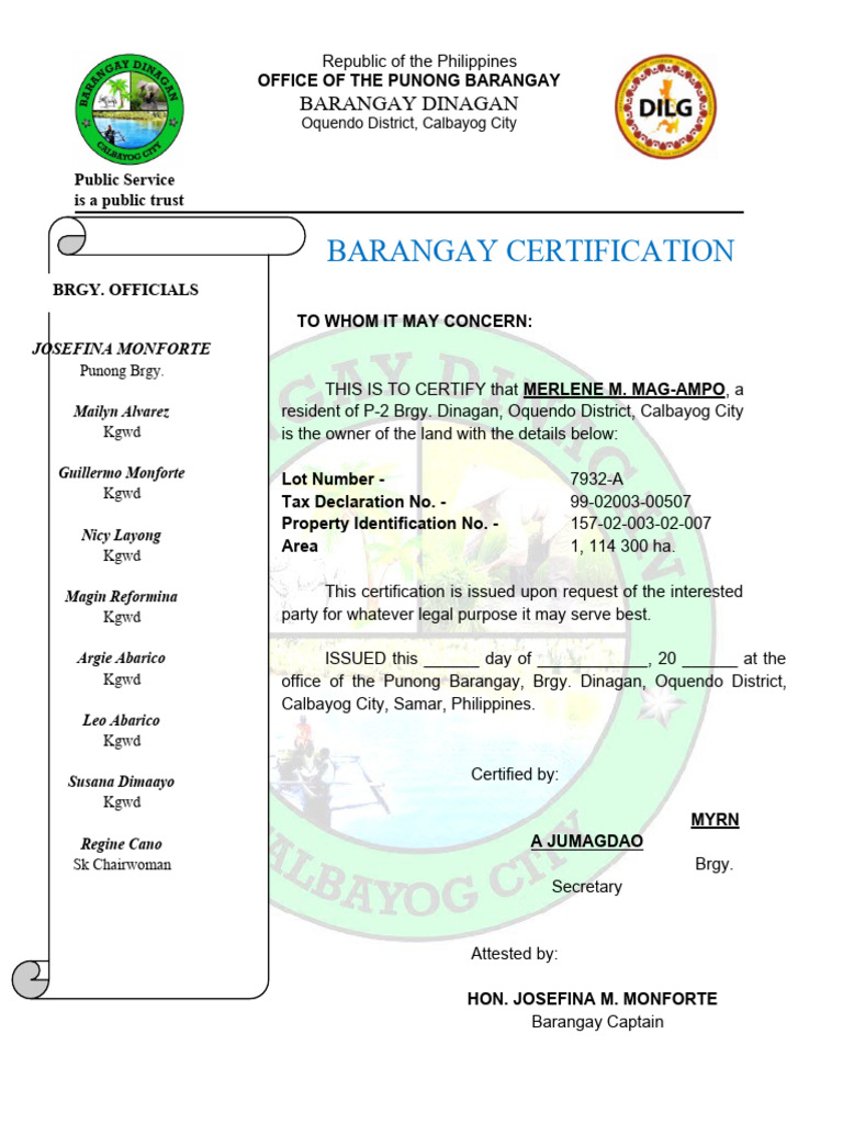 Barangay Certification for Land Ownership | PDF