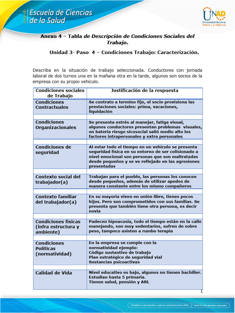 Anexo 4 - Descripción de Condiciones Sociales Del Trabajo Ejemplo | PDF ...