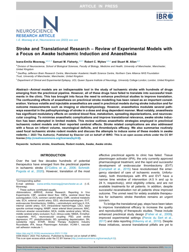 Stroke and Translational Research - Review of Experimental Models With ...