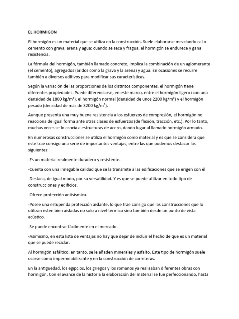Tipos y Composición del Hormigón | PDF | Hormigón | Cemento