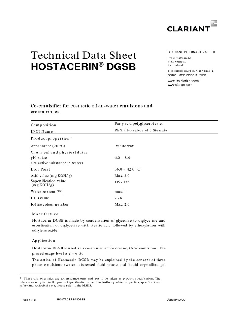 TDS Hostacerin DGSB English | PDF | Emulsion | Chemistry