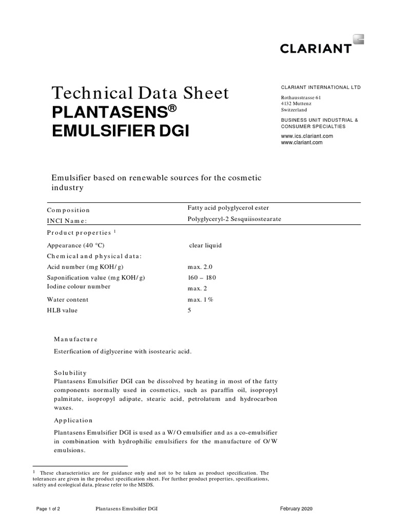 TDS Plantasens Emulsifier DGI English | PDF | Emulsion | Chemical ...