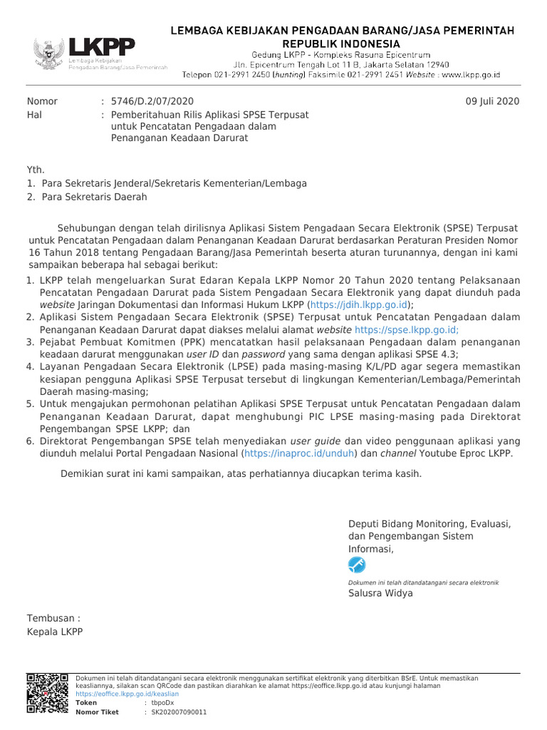 Surat Pemberitahuan 20200706 - SPSE Terpusat Untuk Pengadaan Darurat | PDF | Teknologi & Rekayasa