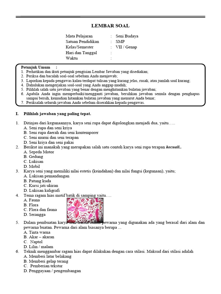 Soal Pat Seni Budaya Kelas 7 Sem 2 Pdf