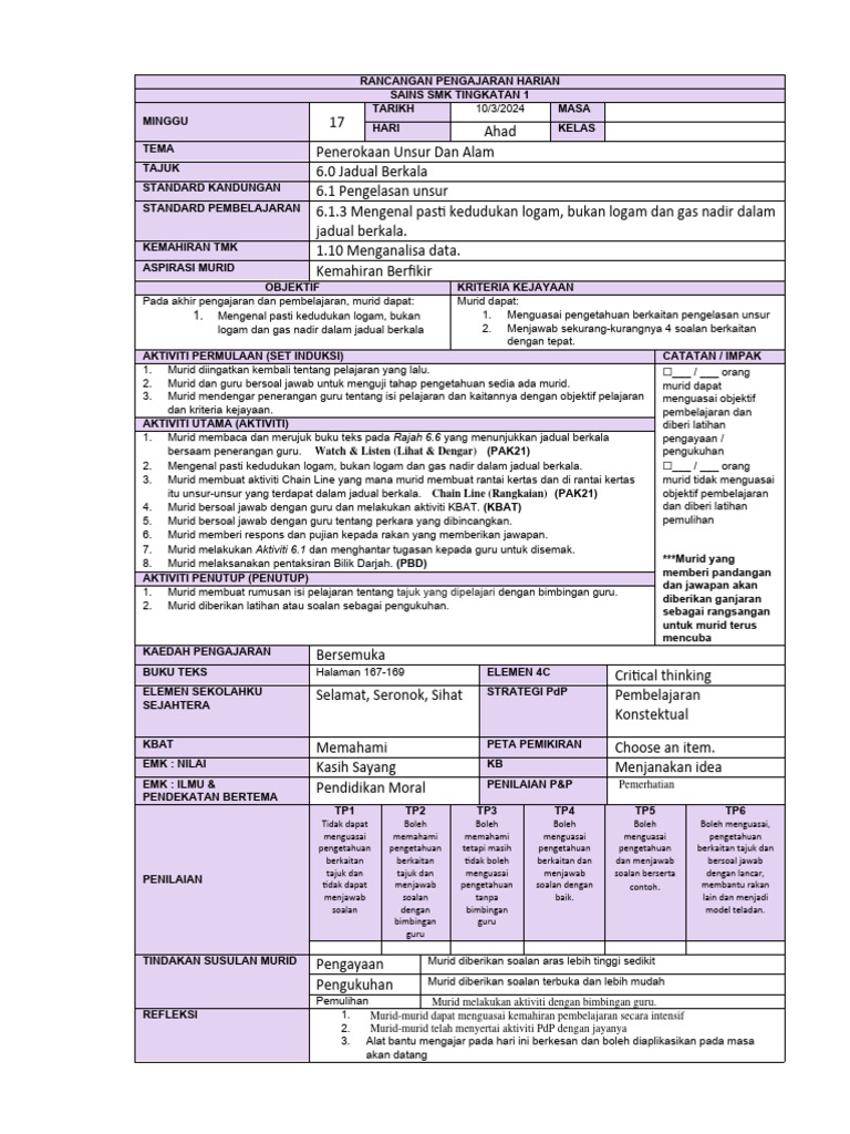 RPH SMK Minggu 17 Sains Tingkatan 1 2024-2025 by Cikgu Gorgeous | PDF ...