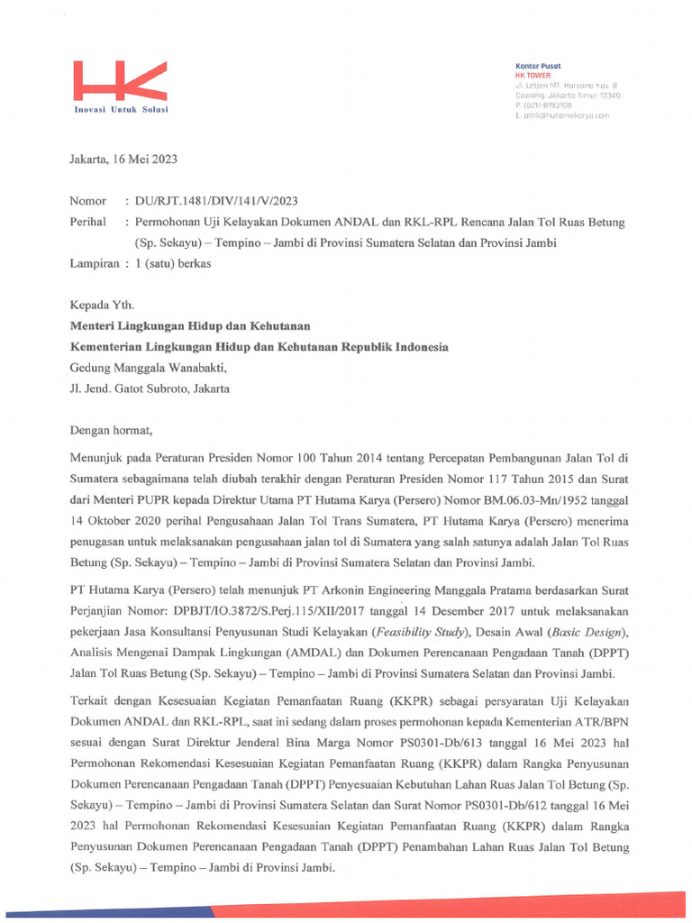 Permohonan Uji Kelayakan Dokumen ANDAL Dan RKL-RPL Betung - Tempino ...