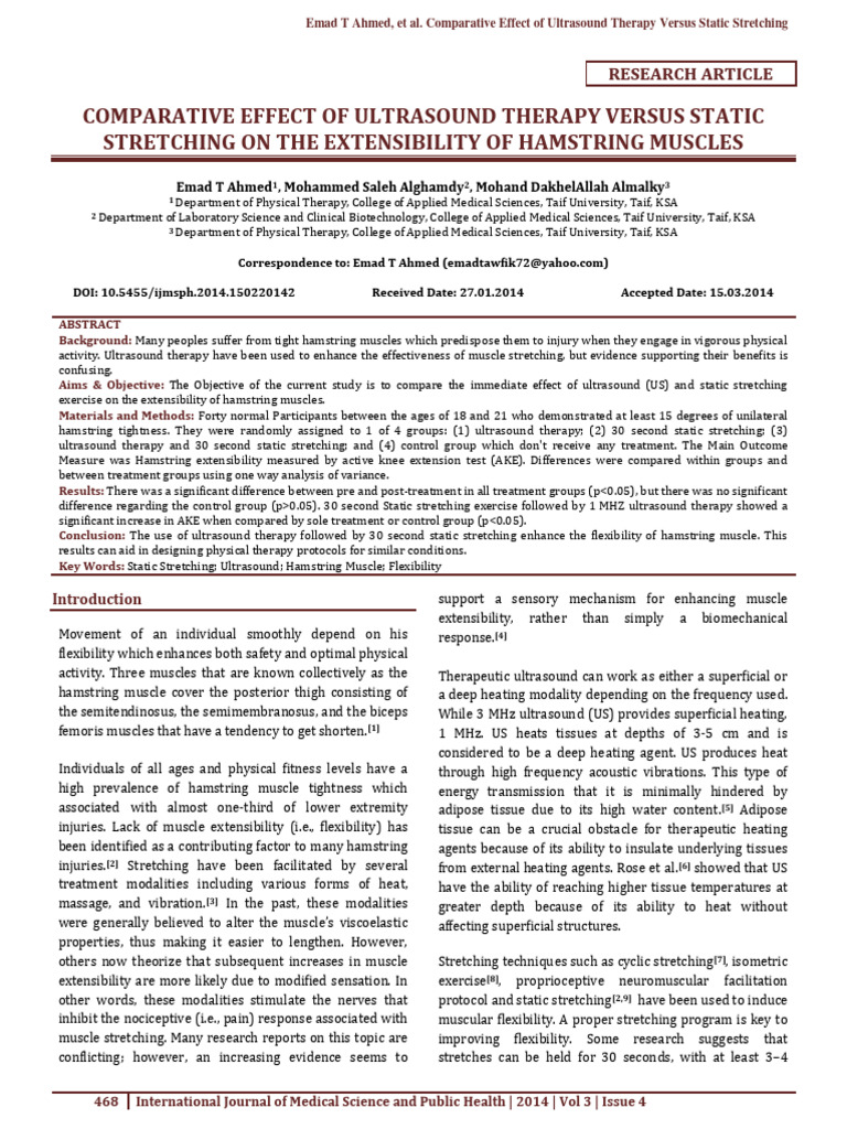 Comparative Effect of US Versus Static Stretching On The Extensibility of Hamstring Muscles ...