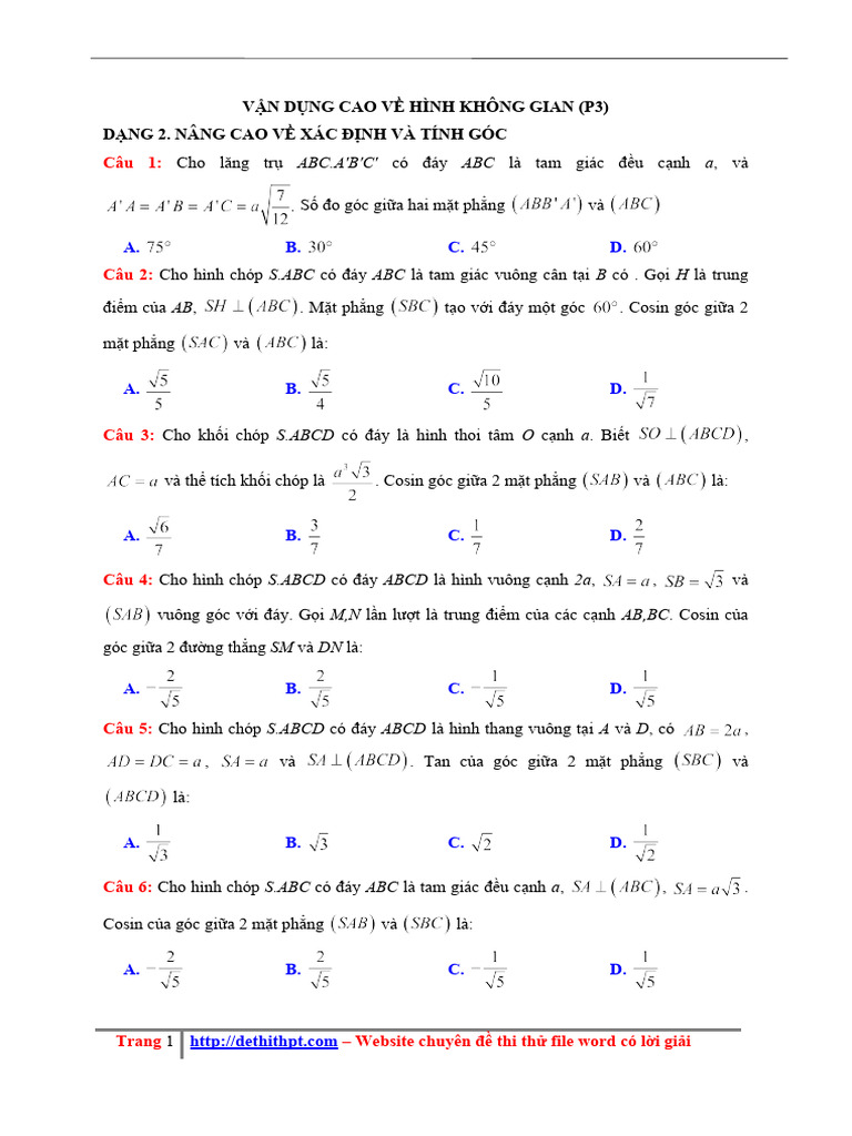 16 Bài Tập VDC Về Hình Học Không Gian - DẠNG 2. NÂNG CAO VỀ XÁC ĐỊNH VÀ TÍNH GÓC | PDF