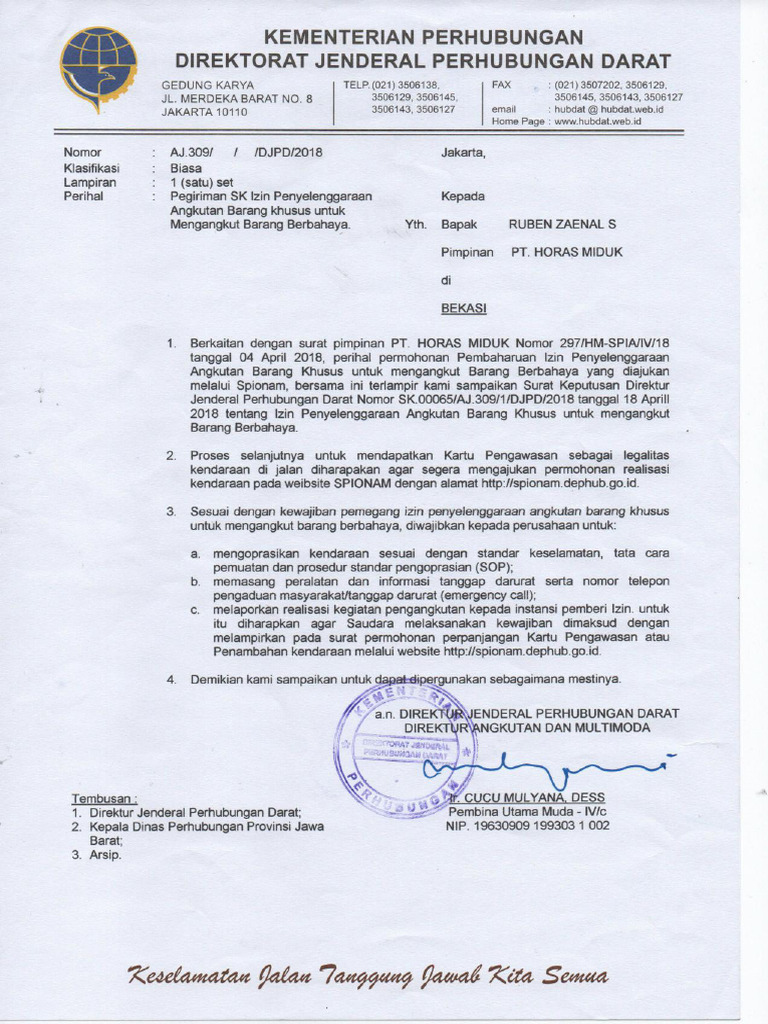 SK Dirjen Perhubungan Darat PT. Horas Miduk | PDF