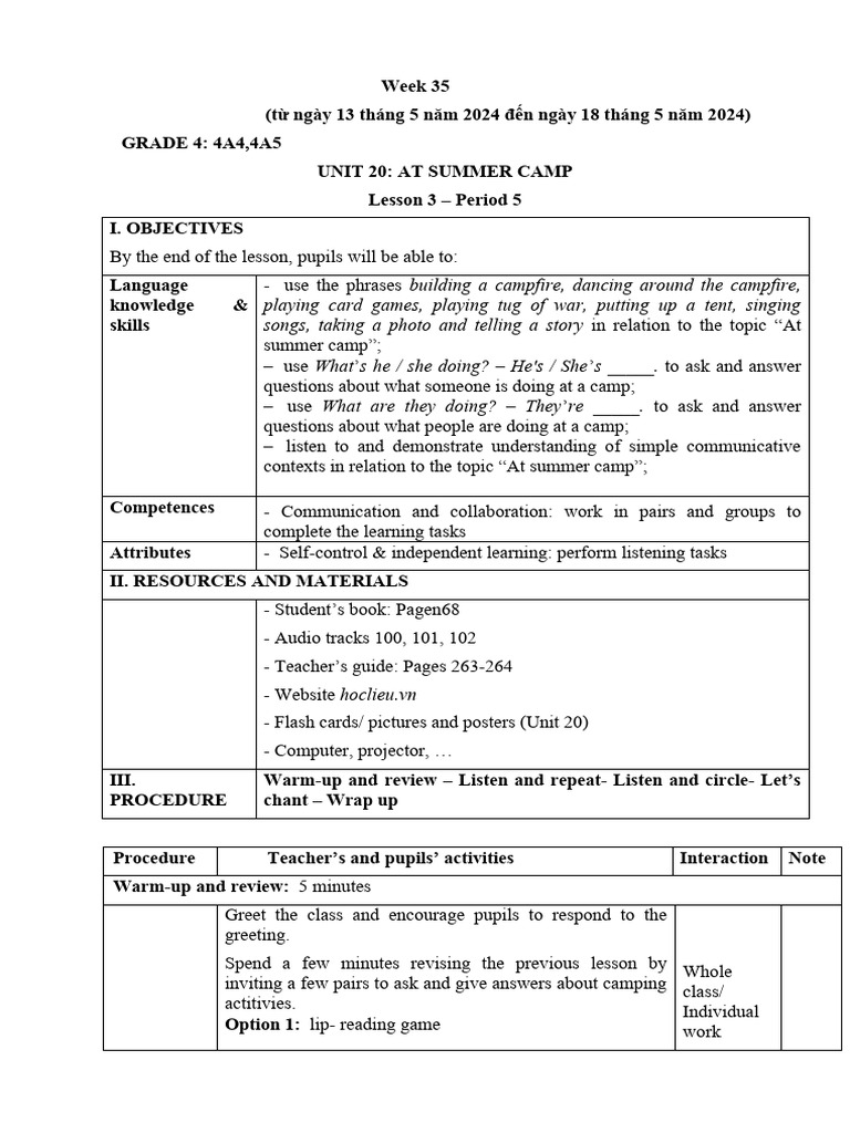 Grade 4 Summer Camp Lesson Plan | PDF | Stress (Linguistics) | Teachers
