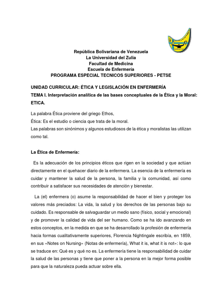 Tema 1.etica y Legislacion en Enfermeria. | PDF | Moralidad | Enfermería
