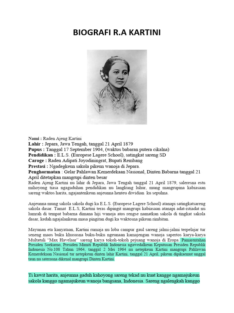 Biografi RA KARTINI bahasa sunda | PDF