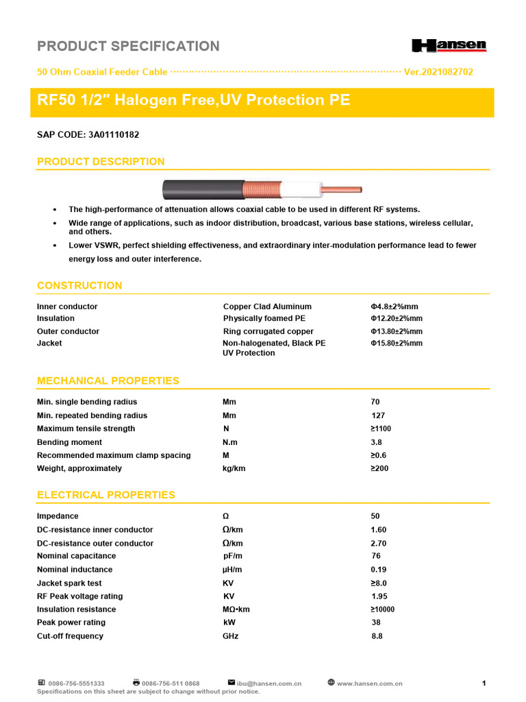 Hansen RF12 | PDF | Coaxial Cable | Physical Quantities