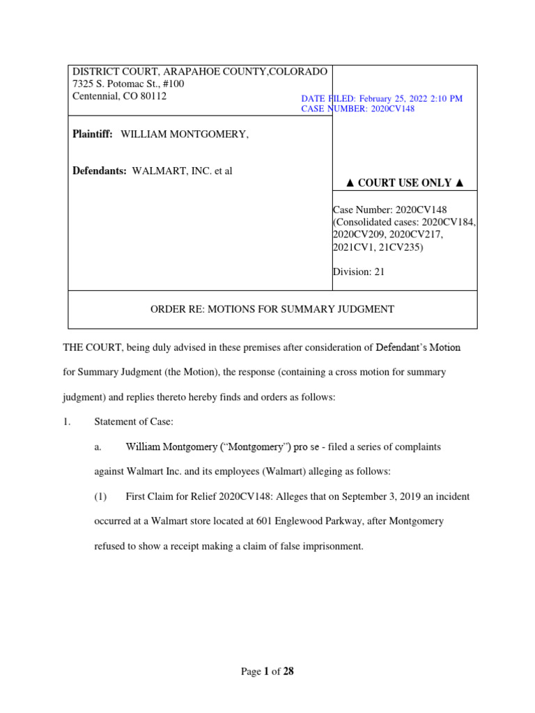 Montgomery v. Walmart District Court Order Granting Motion For Summary Judgment | PDF ...