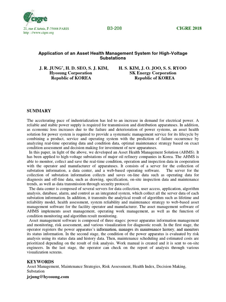 B3-208-2018 - Application of An Asset Health Management System For High-Voltage Substations ...