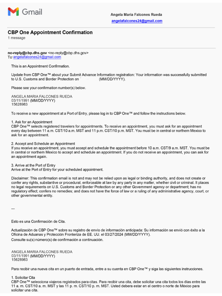 Gmail - CBP One Appointment Confirmation1 | PDF
