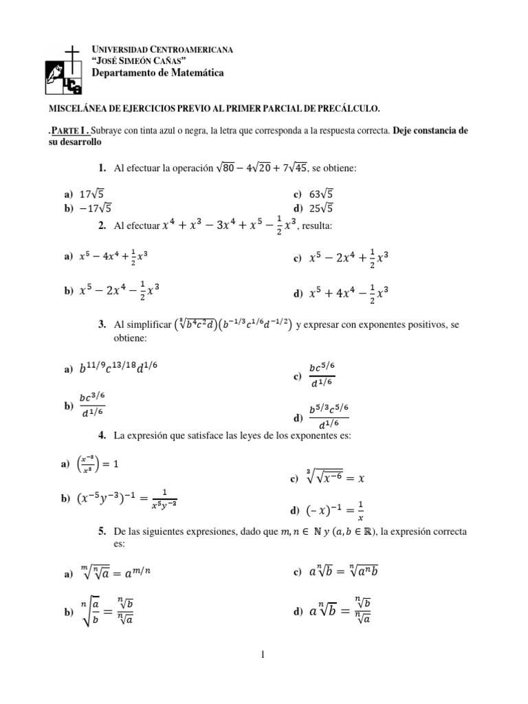 Miscelánea de Ejercicios de Precálculo | PDF | Matemáticas | Álgebra