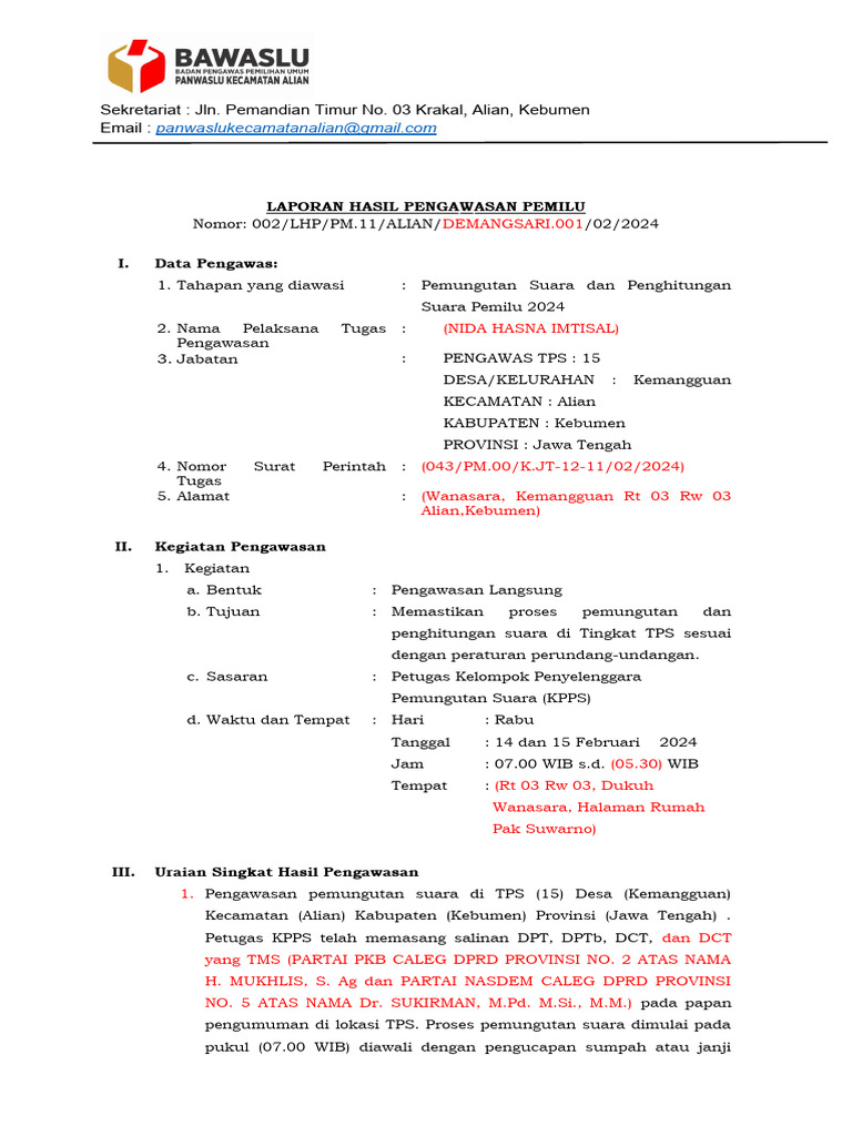 2.form A Hasil Pengawasan Pemungutan Dan Penghitungan Suara Fix-Nida Hasna | PDF