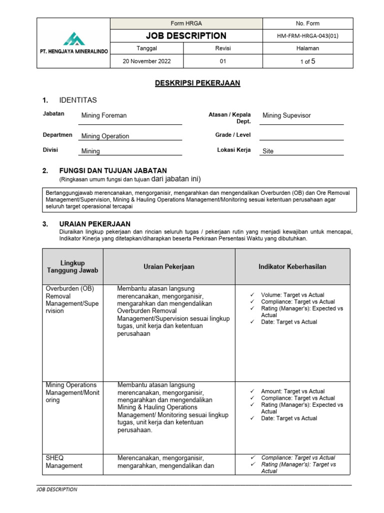 HM FRM MO MINING Foreman Wilhadi Job Description | PDF | Karier ...