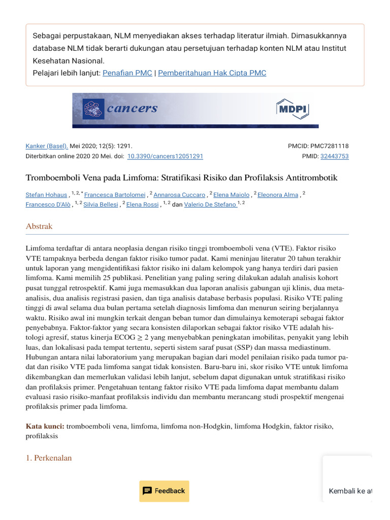 Tromboemboli Vena pada Limfoma_ Stratifikasi Risiko dan Profilaksis Antitrombotik - PMC | PDF