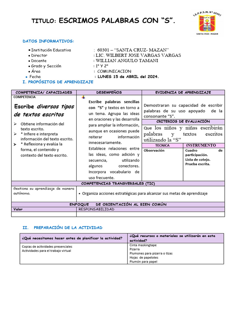Aprendiendo a Escribir con "S" | PDF | Aprendizaje | Evaluación