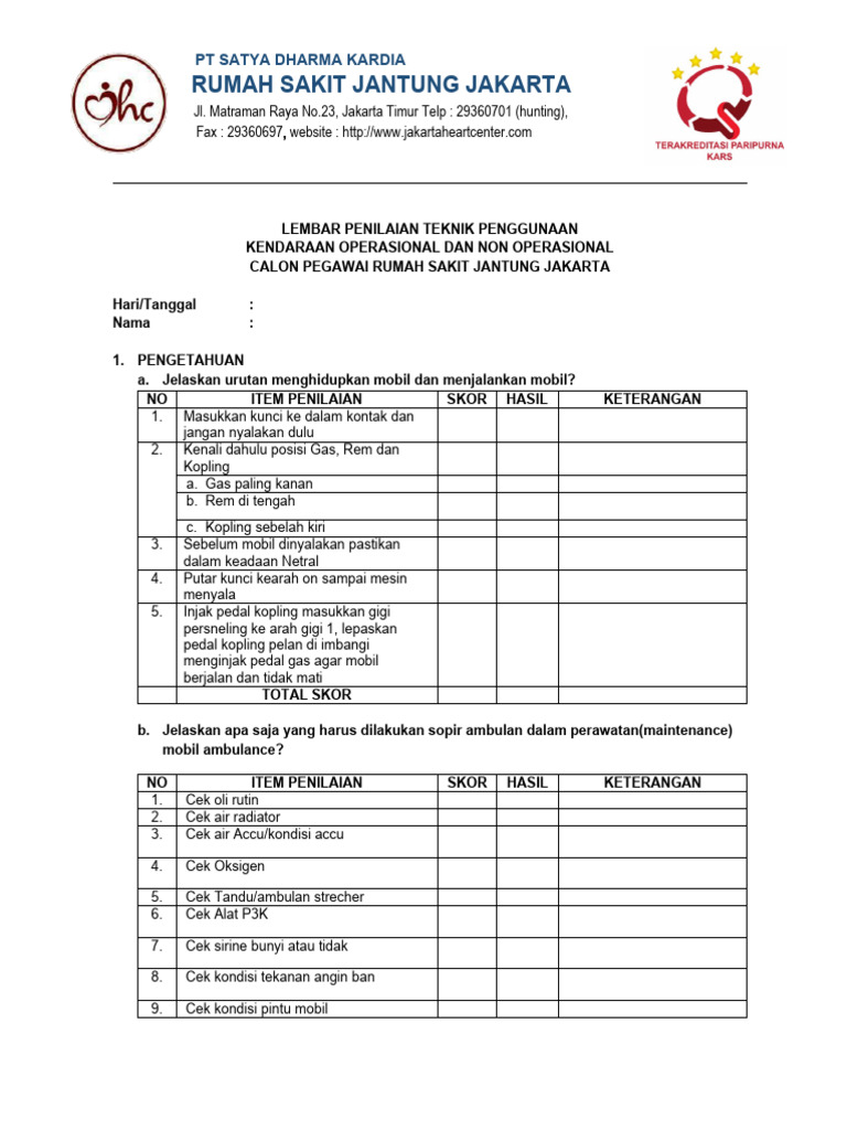 Form Penilaian Ambulance Driver | PDF