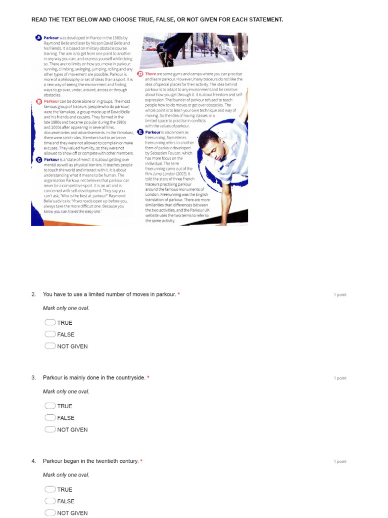 Parkour (True - False - Not Given) - Google Forms | PDF