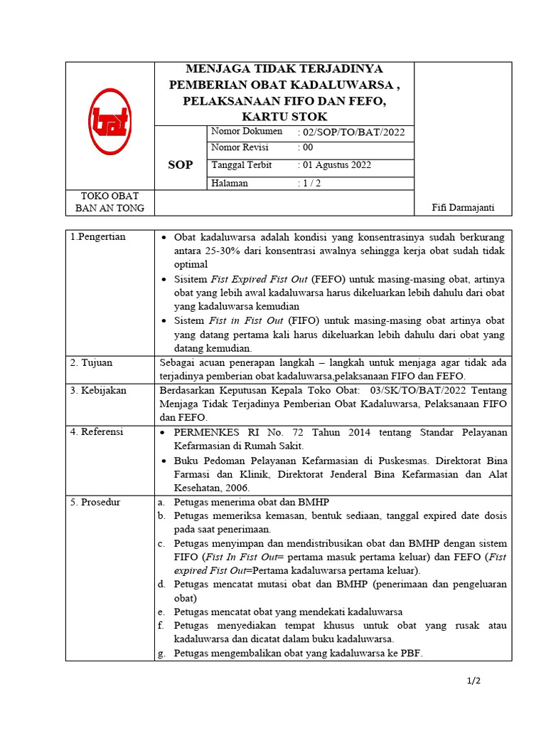 Sop Menjaga Tidak Terjadinya Pemberian Obat Kadaluwarsa, Pelaksanaan Fifo Dan Fefo, Kartu Stok | PDF