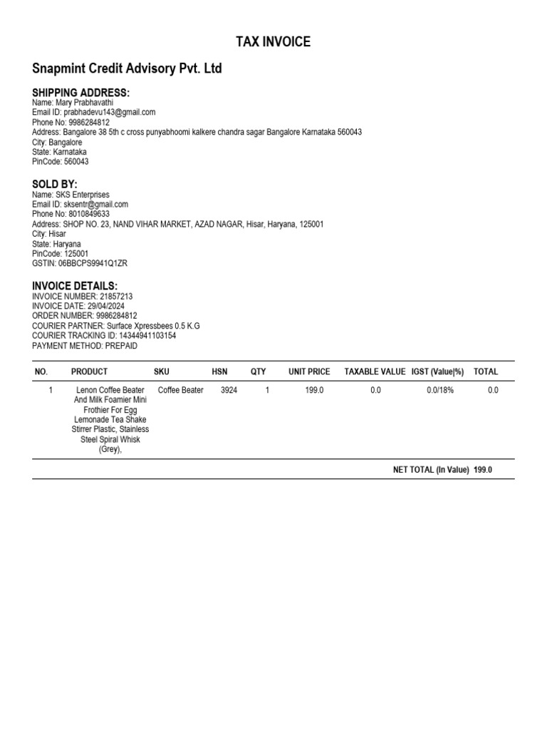 Tax Invoice for Lenon Coffee Beater | PDF