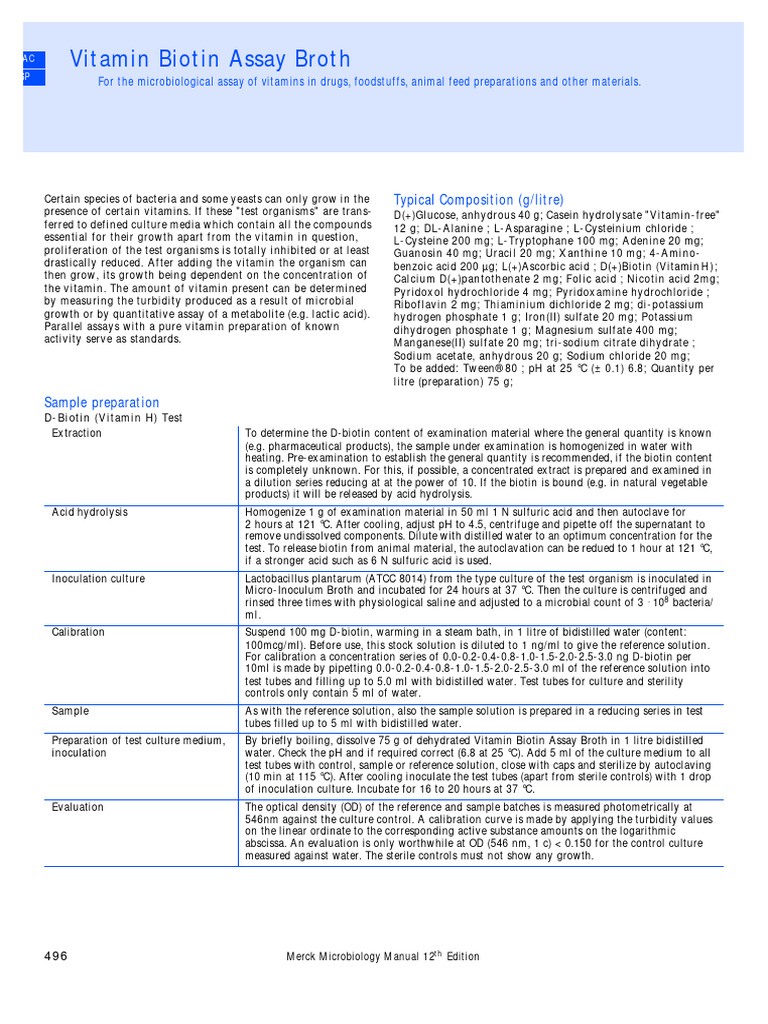 496 Vitamin Biotin Assay 111989 | PDF | Magnesium | Acid